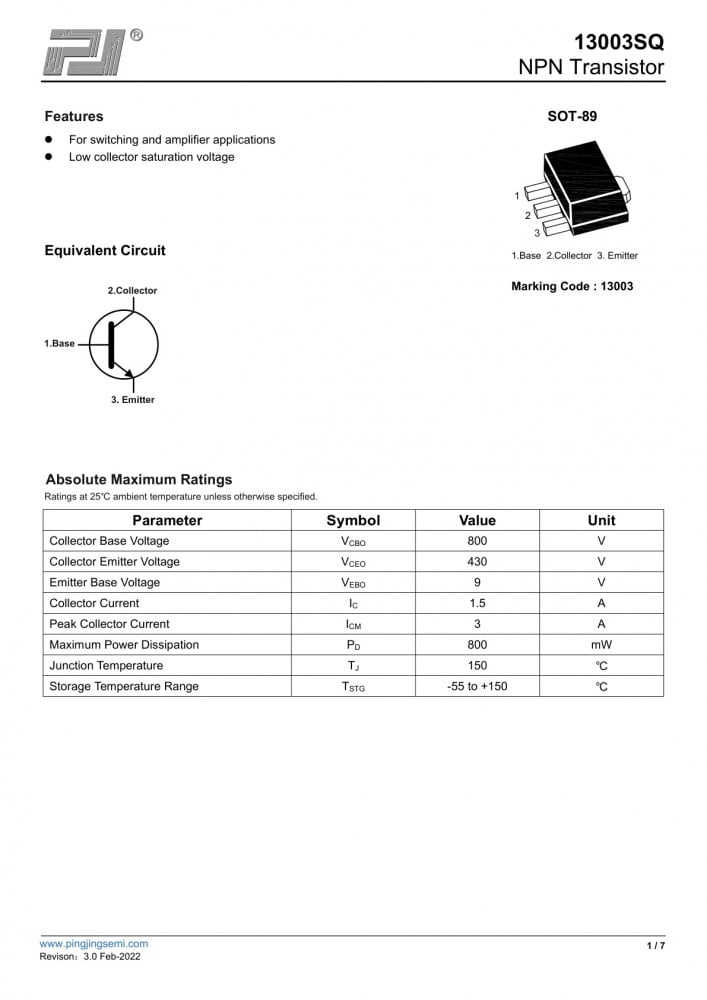 13003SQ datasheet page 1