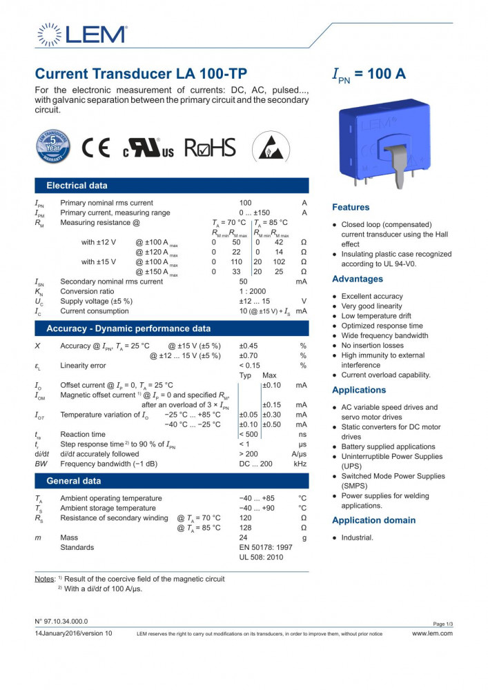 LEM LA 100-TP datasheet page 1