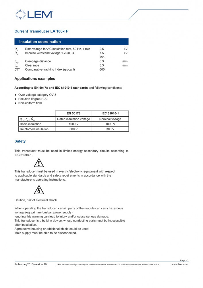LEM LA 100-TP datasheet page 2