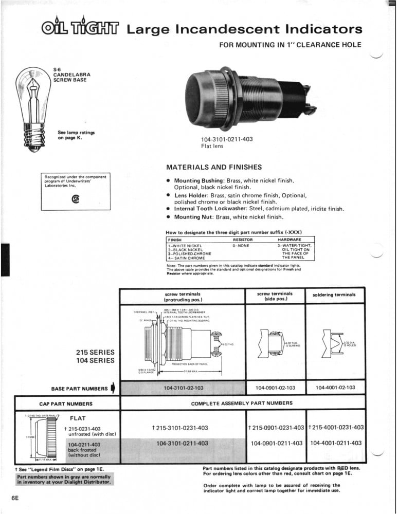 Dialight 104 Series indicator catalog page 1