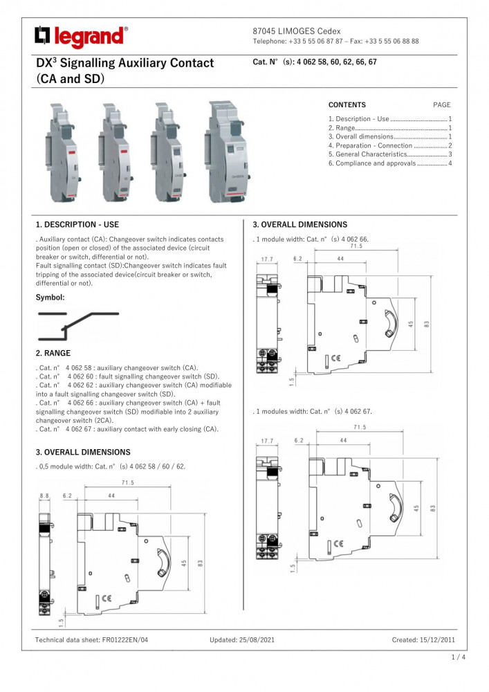 Legrand DX³ signalling auxiliary contact document, page 1