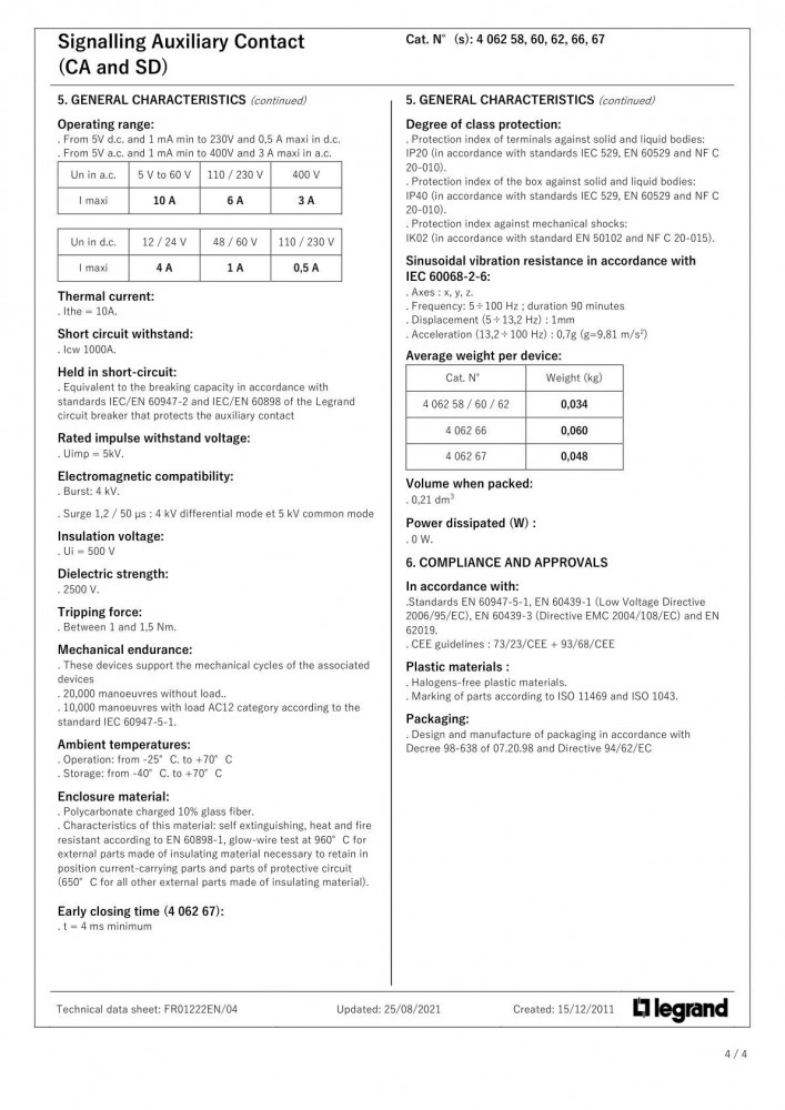 Legrand DX³ signalling auxiliary contact document, page 4