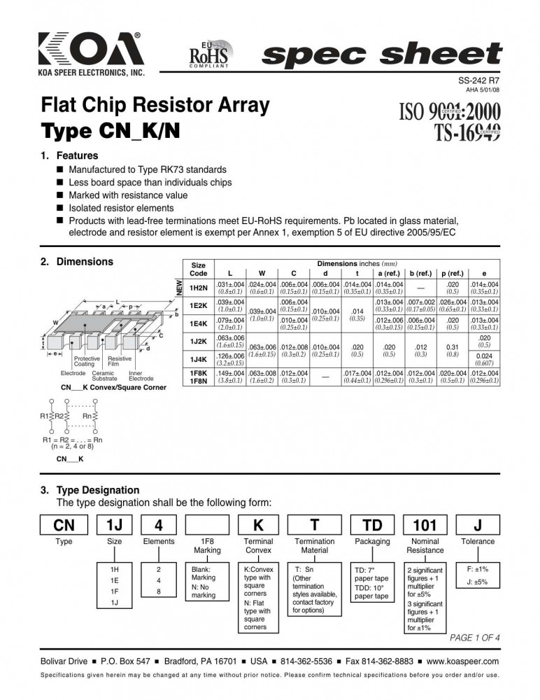 KOA CN1J4K resistor array datasheet page 1