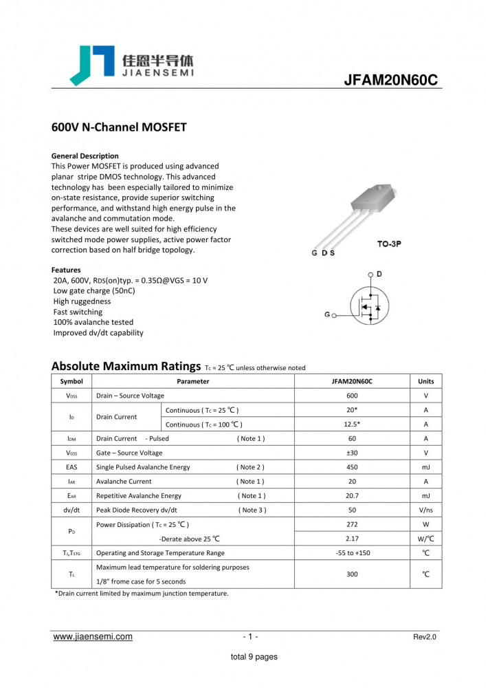 JFAM20N60C datasheet page 1