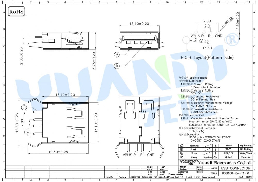 Yuandi USB180-04-T1-W specification drawing