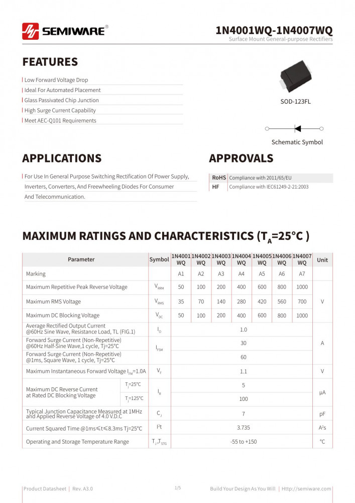 1N4002WQ datasheet image, page 1