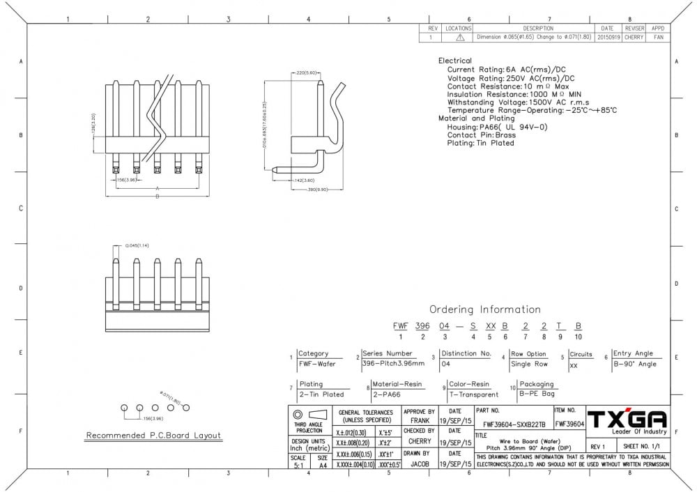 TXGA FWF39604-S02B22TB technical drawing page 1