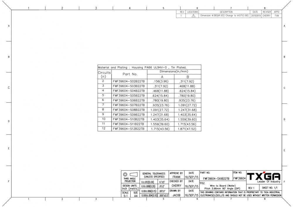 TXGA FWF39604-S02B22TB technical drawing page 2