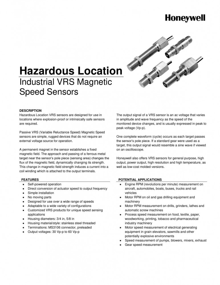 Honeywell VRS sensor documentation page 1