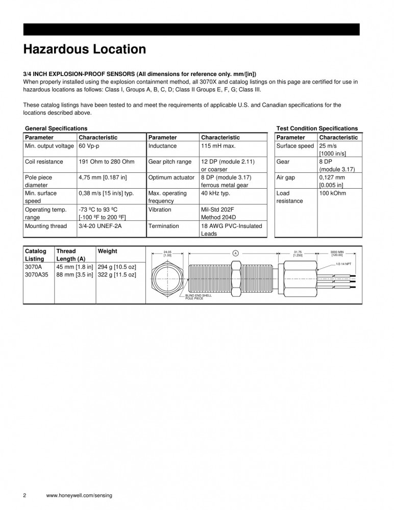 Honeywell VRS sensor documentation page 2