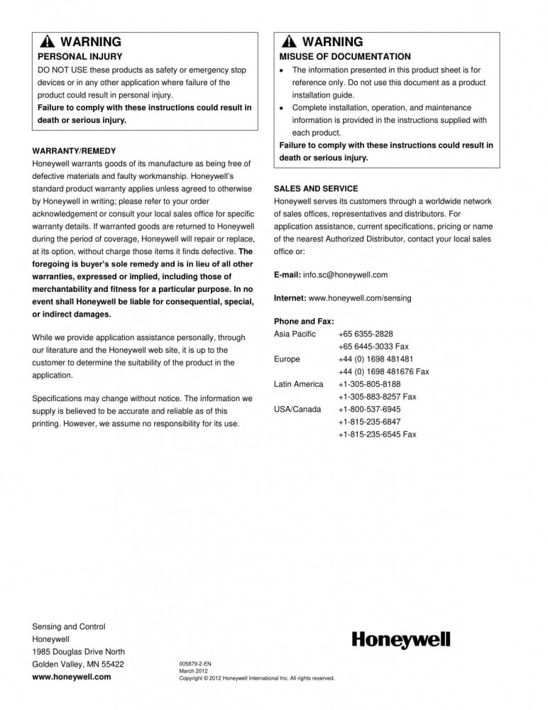Honeywell VRS sensor documentation page 8