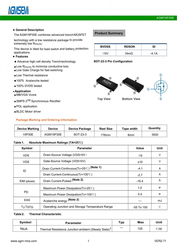 AGM15P30E datasheet page 1