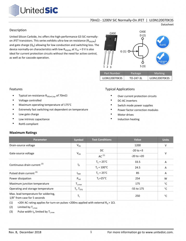 UJ3N120070K3S datasheet page 1
