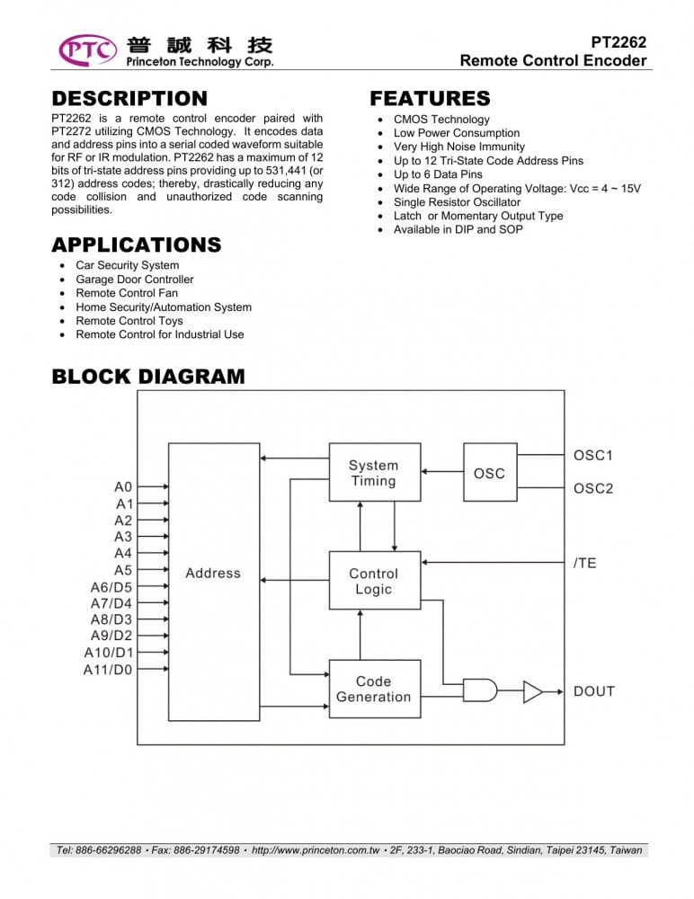 PT2262-S technical document page 1