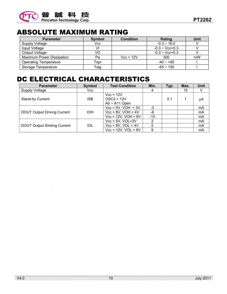 PT2262-S technical document page 10