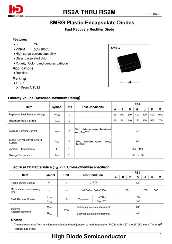 RS2M datasheet page 1