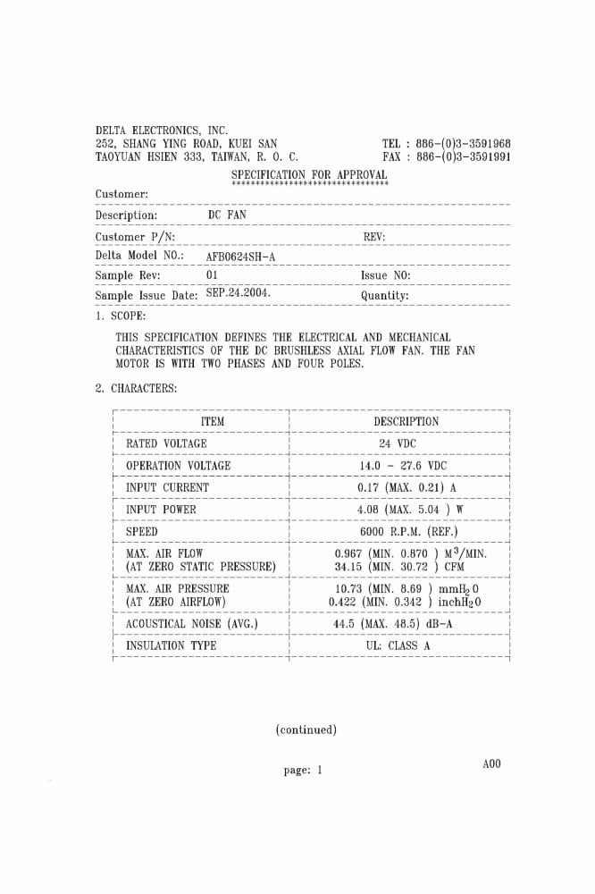 AFB0624SH-A specification page 1