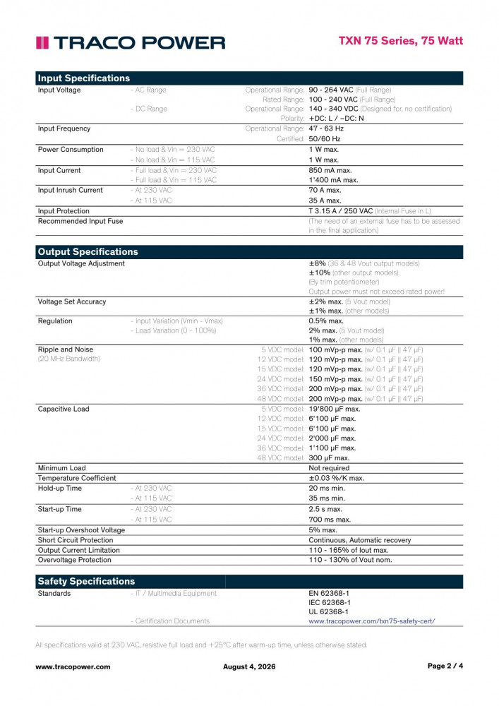 TXN 75 series technical document, page 2