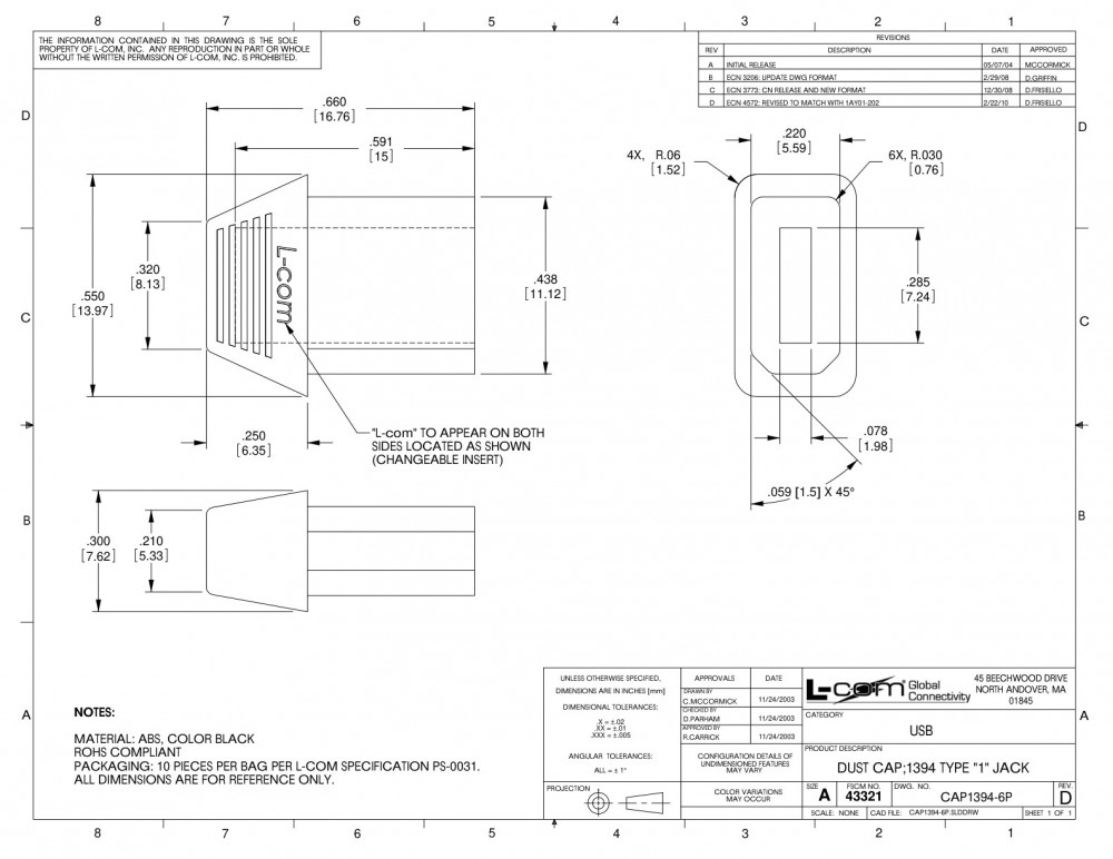 L-com CAP1394-6P technical document page