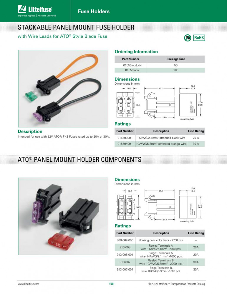Littelfuse ATO panel mount holder documentation for 913-007-001