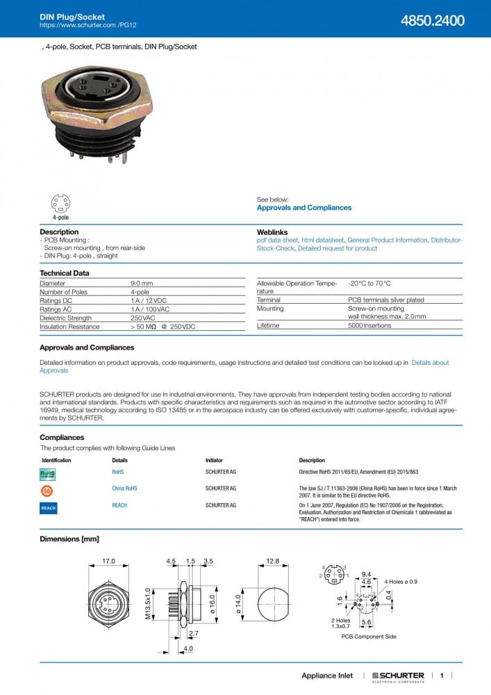SCHURTER 4850.2400 technical document page 1