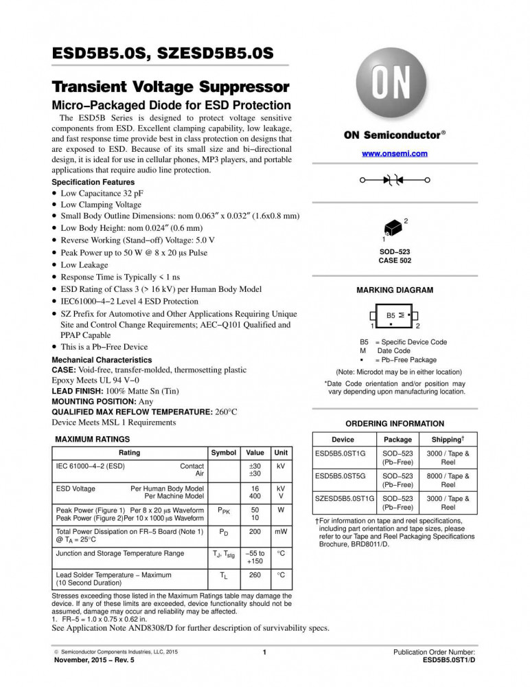 ESD5B5.0ST1G datasheet page 1