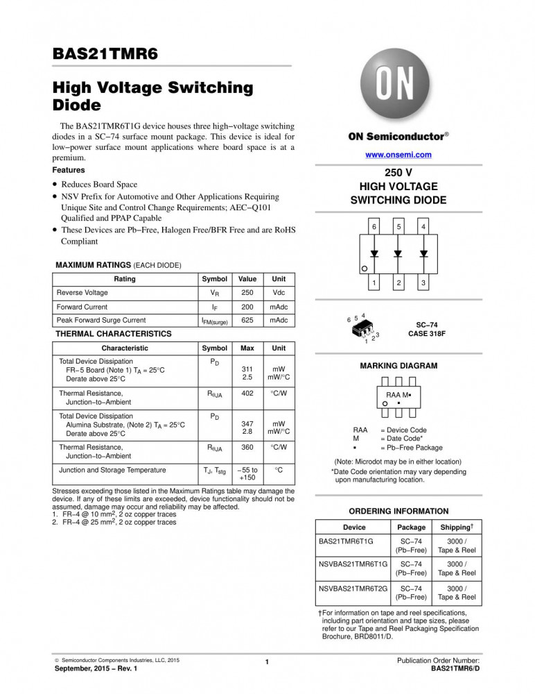 BAS21TMR6T1G datasheet page 1