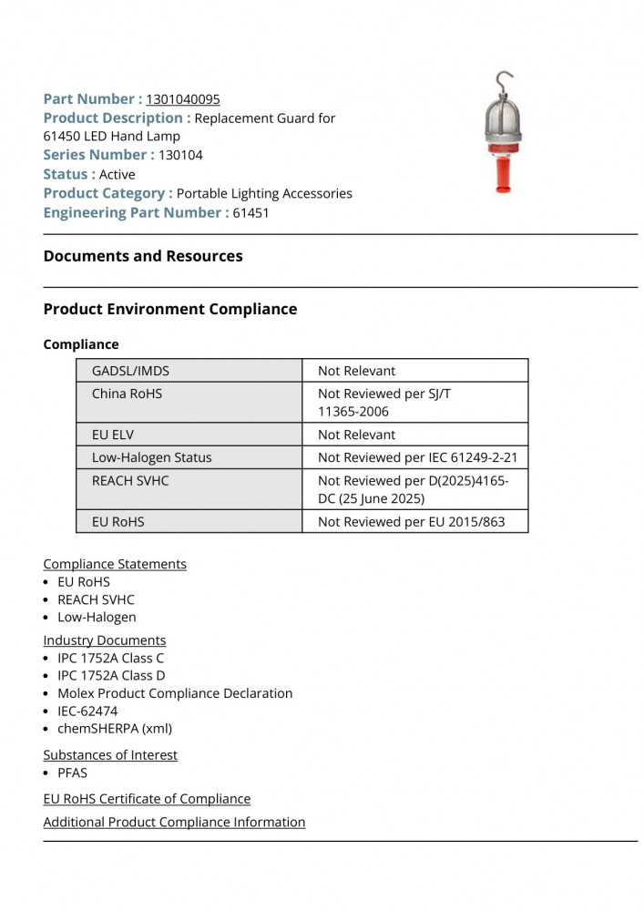 MOLEX 1301040095 product document image, page 1