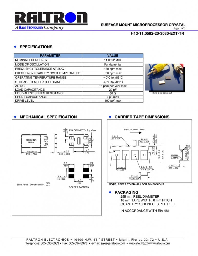 Raltron H13-11.0592-20-3030-EXT-TR datasheet page 1