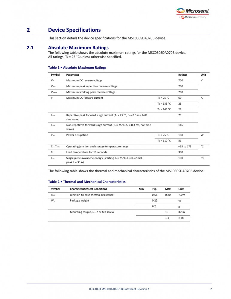 MSC030SDA070BCT technical document page 2