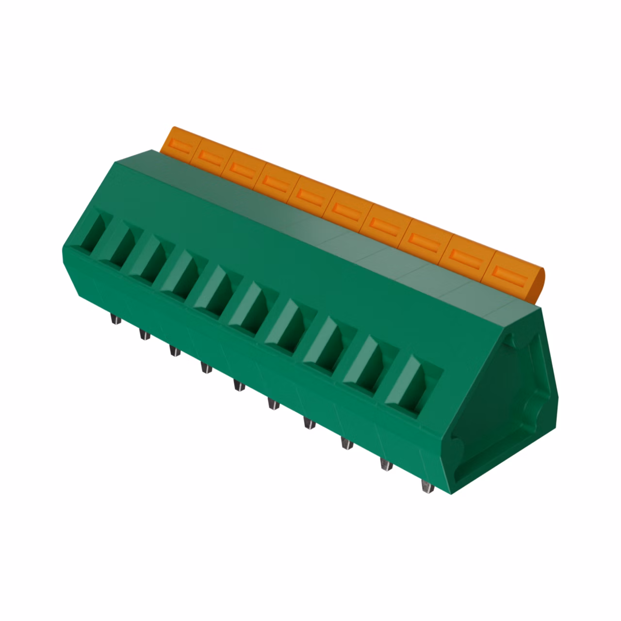 5.08mm Pitch, Eurostyle Fixed-Mount Push-Button Terminal Block, 45° Modular, 18A, 26-14 AWG, Green, 10 Circuits for sale