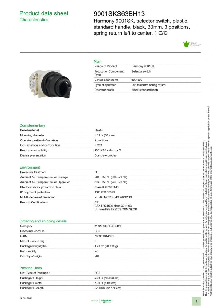 9001SKS63BH13 technical document page 1