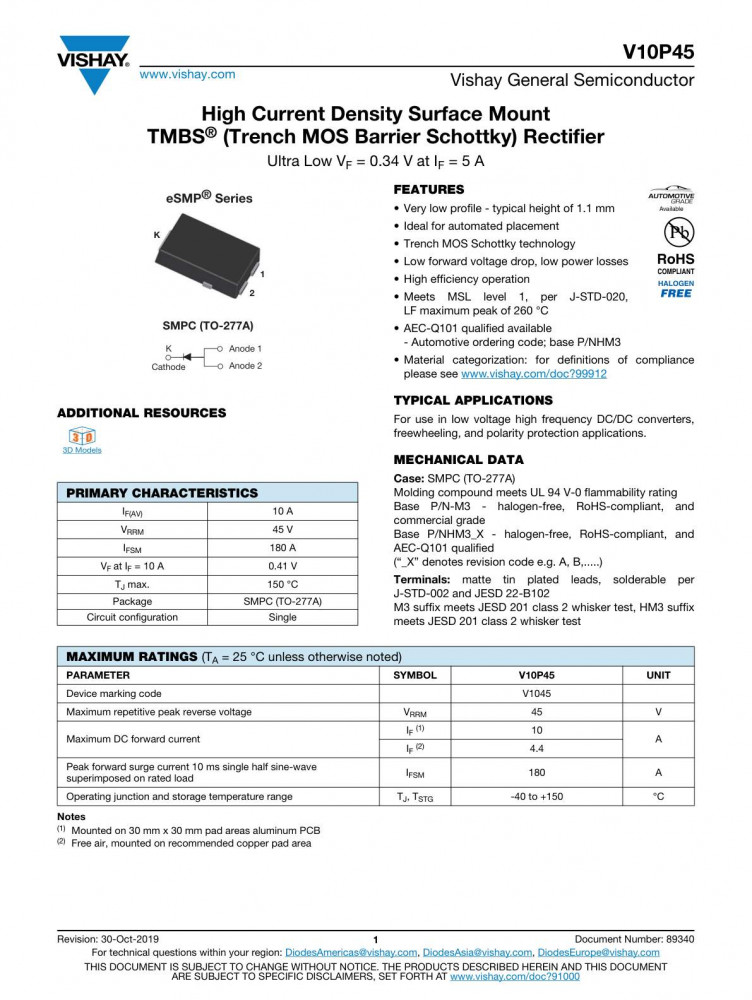 V10P45 datasheet page 1