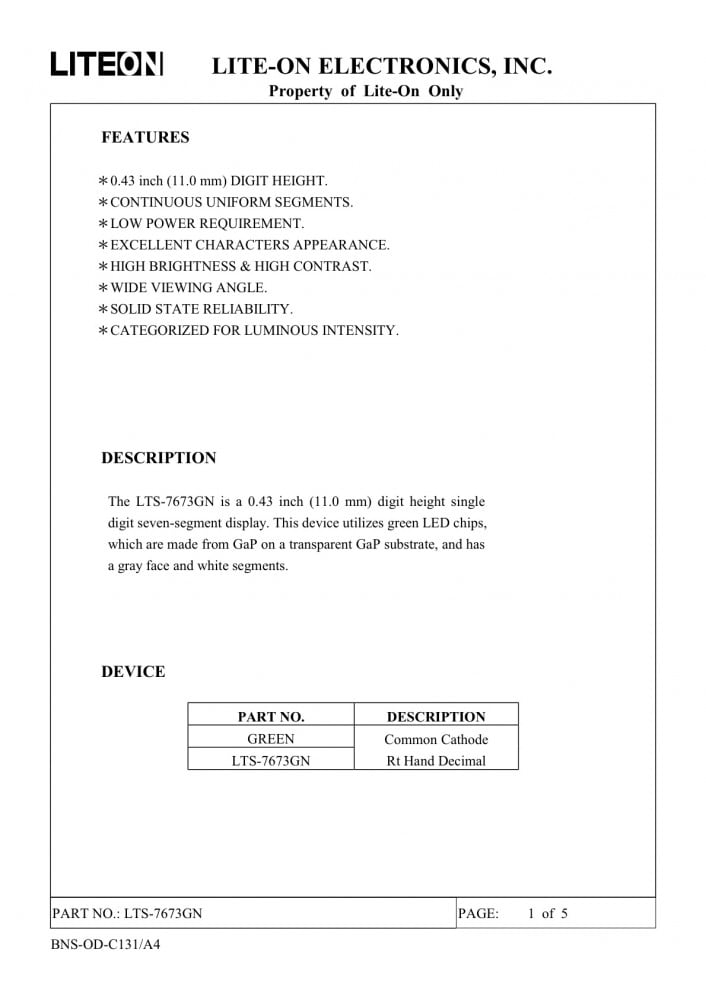 LTS-7673GN datasheet page 1
