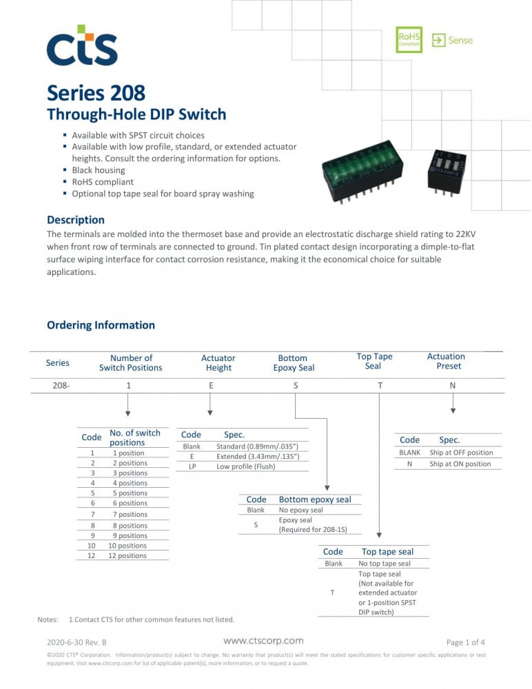 CTS 208 series datasheet page 1
