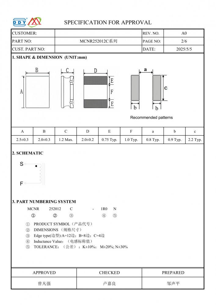 MCNR252012C electrical characteristics