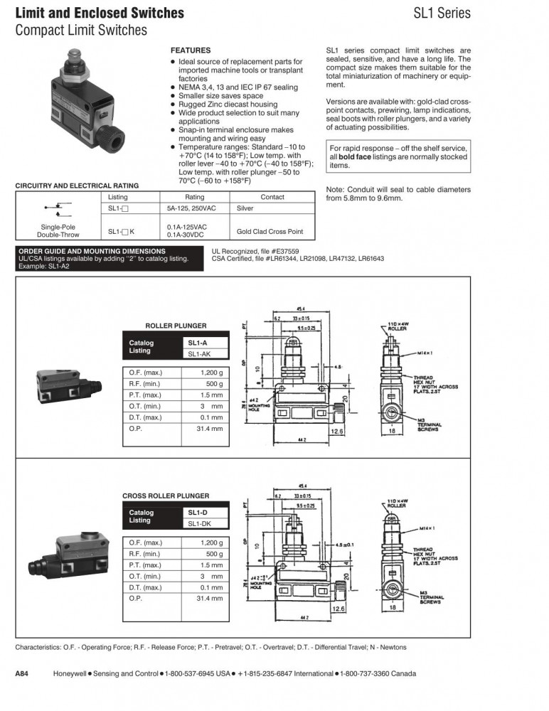 Honeywell SL1 contact ratings and actuator data