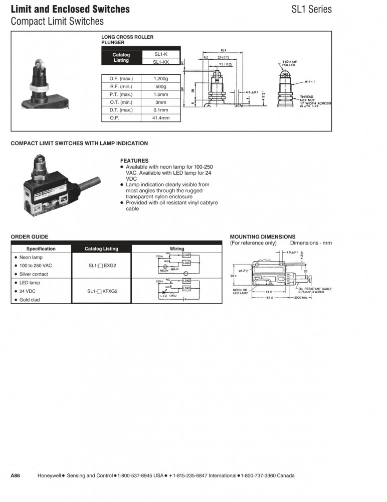 Honeywell SL1 lamp-indication catalog page