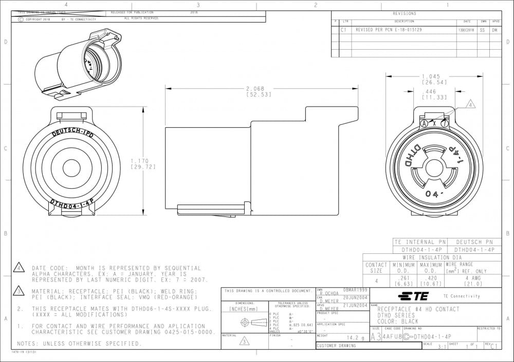 TE Connectivity DTHD04-1-4P customer drawing preview