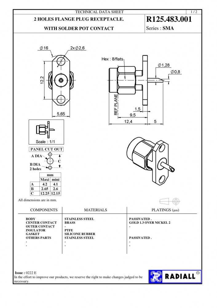 Radiall R125.483.001 SMA receptacle technical drawing, page 1