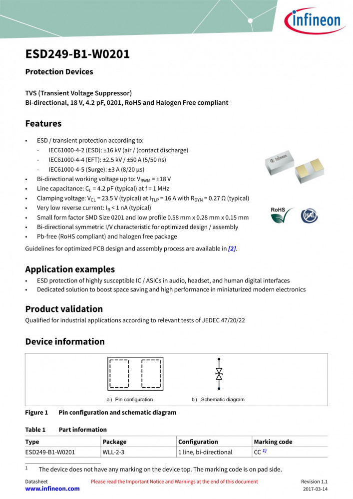 Infineon ESD249-B1-W0201 datasheet page 1