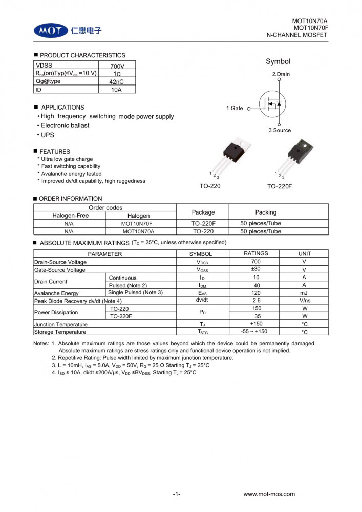MOT10N70F datasheet page 1