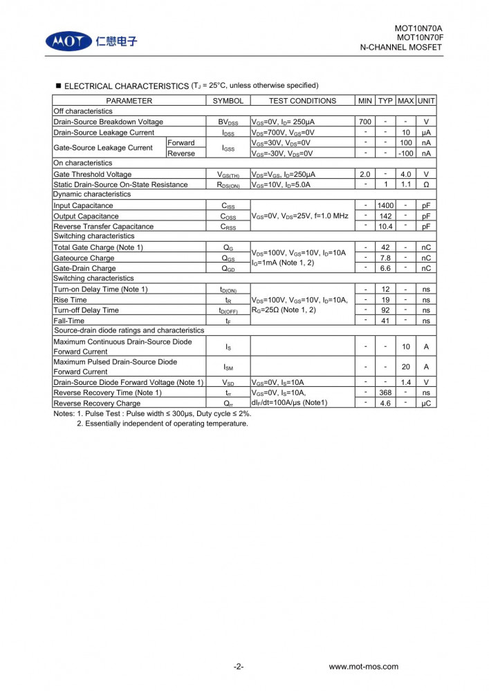 MOT10N70F datasheet page 2