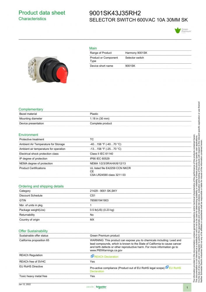 9001SK43J35RH2 technical document page 1