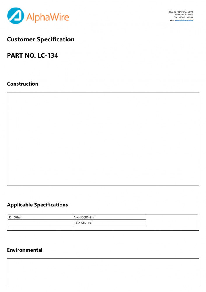 Alpha Wire LC-134 technical document page 1