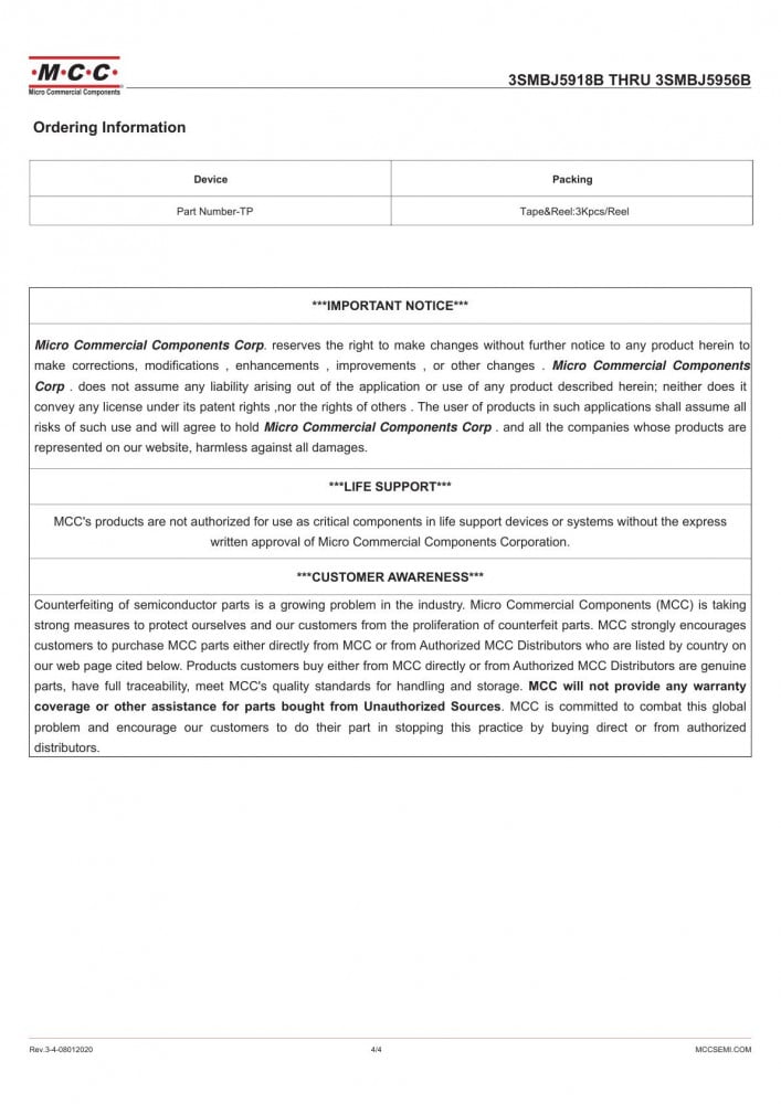 MCC 3SMBJ5947B-TP datasheet page 4