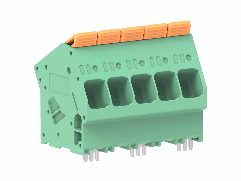 10.00mm Pitch Lever Activated Fixed Mount PCB Terminal Block, 35° Wire Entry, Left Front Terminal, 5 Circuits for sale