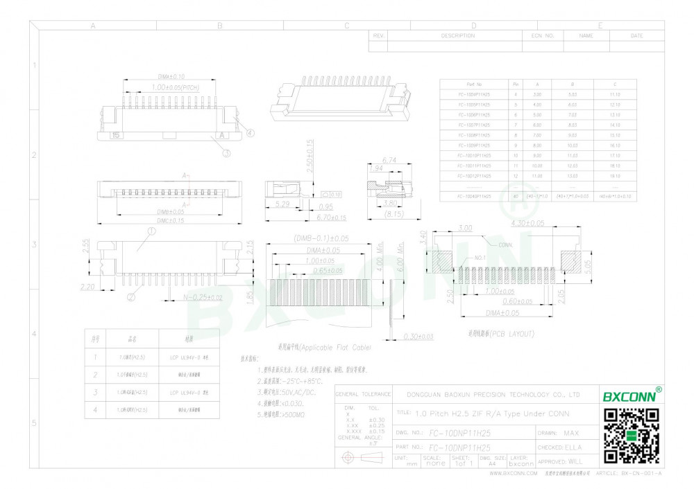 BXCONN FC-10DxP11Hx 1.0 mm pitch H2.5 ZIF right-angle connector technical drawing