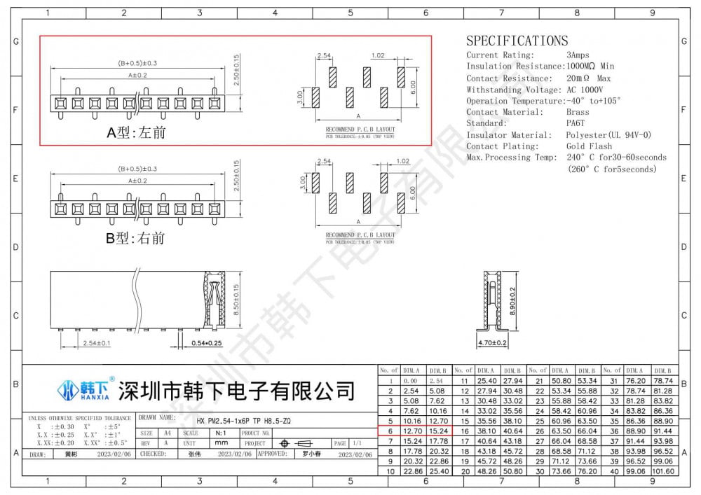 HX PM2.54-1x6P TP H8.5-ZQ technical document page