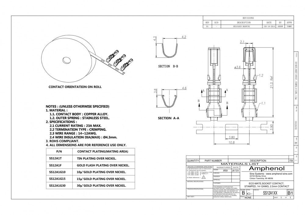 Amphenol SS12A1T technical drawing preview